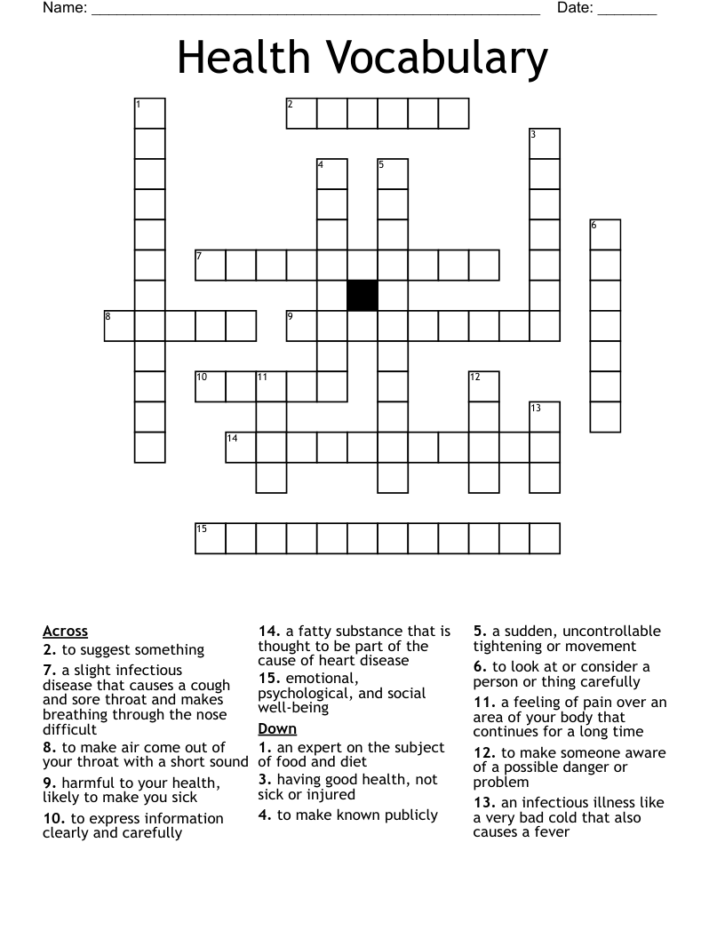 Health Vocabulary Crossword - WordMint