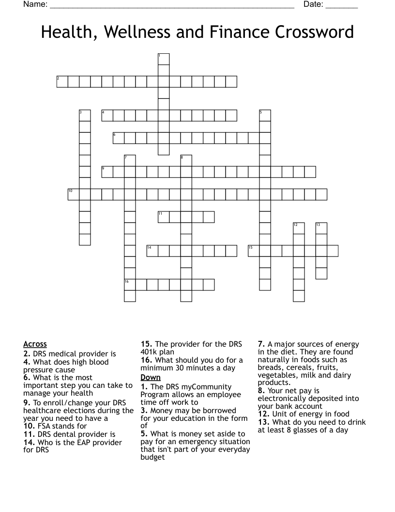 Health, Wellness and Finance Crossword - WordMint