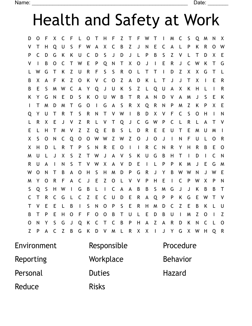 Health and Safety at Work Word Search - WordMint