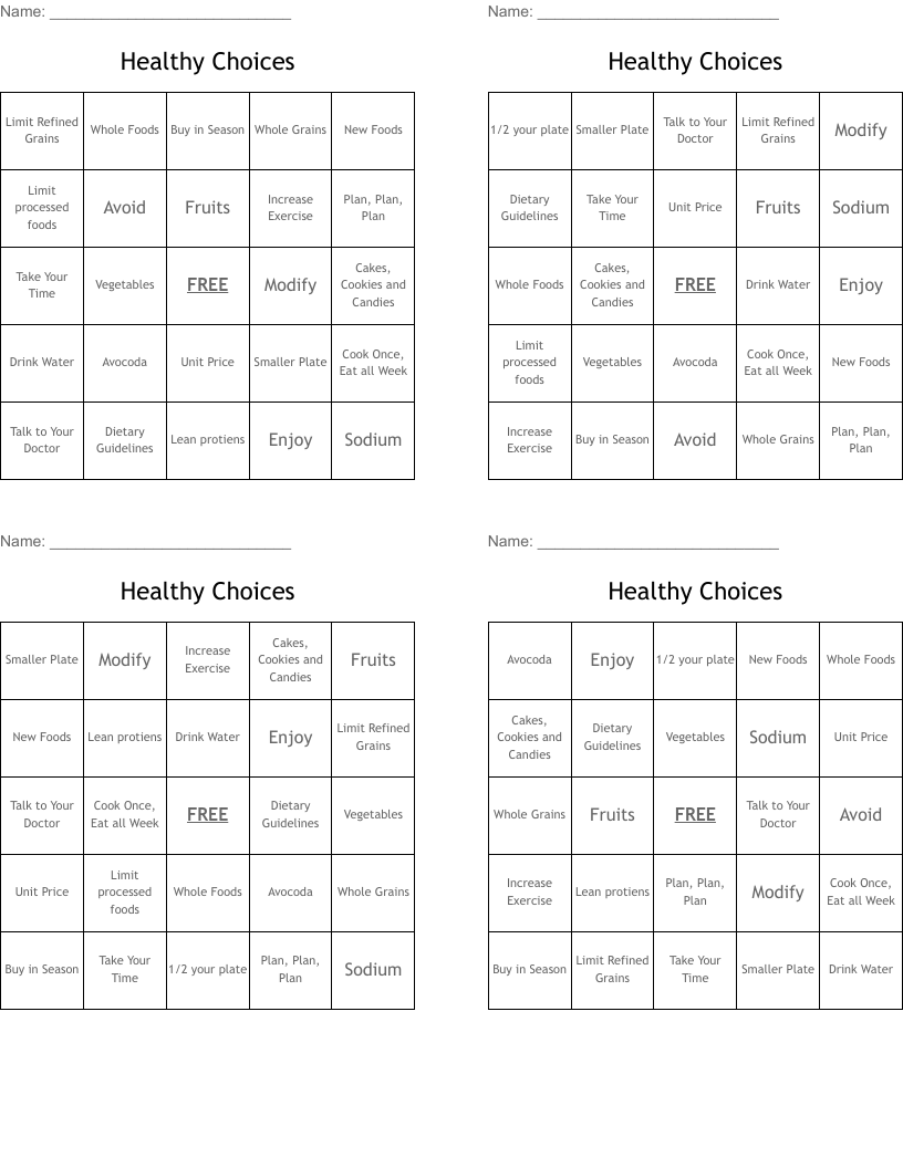 Healthy Choices Bingo Cards - WordMint