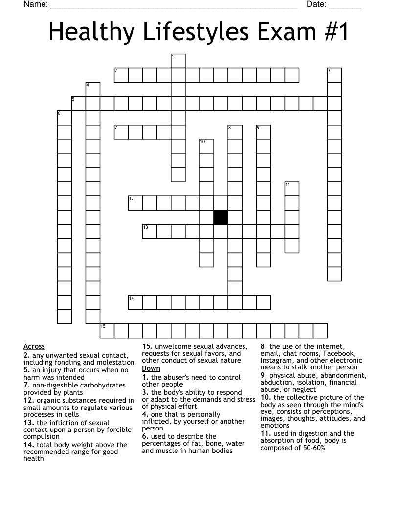Healthy Lifestyles Exam #1 Crossword - WordMint