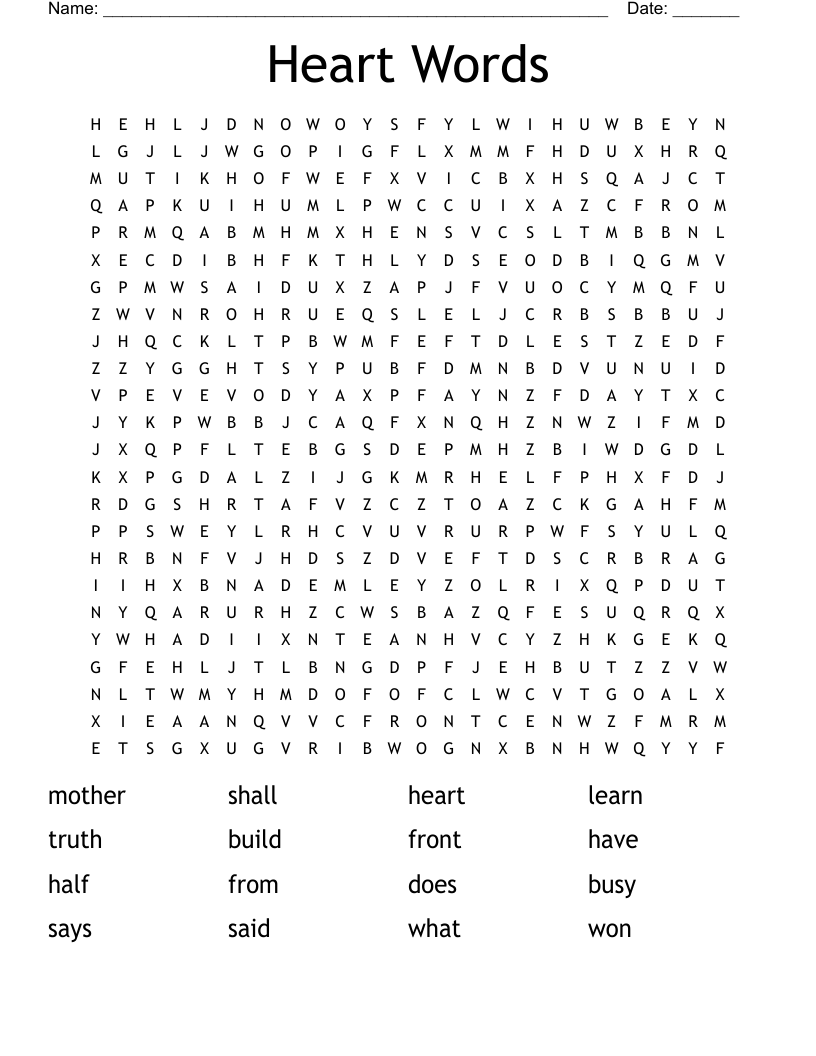 Heart Words Word Search - WordMint