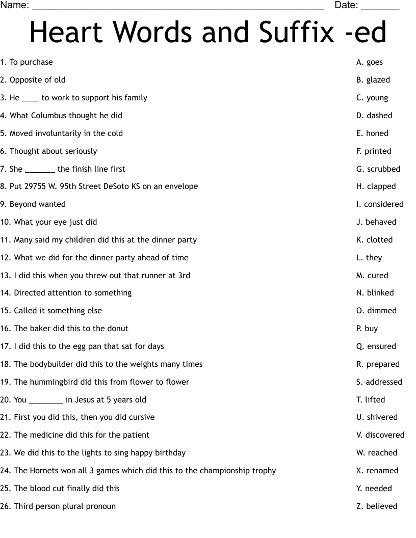 Heart Words and Suffix -ed Worksheet - WordMint