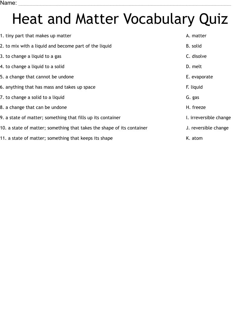 Heat and Matter Vocabulary Quiz Worksheet - WordMint