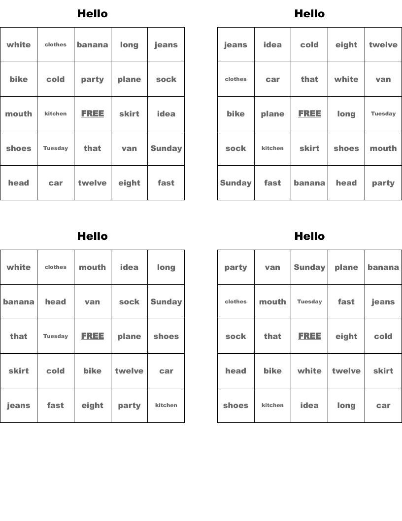 Hello Bingo Cards - WordMint