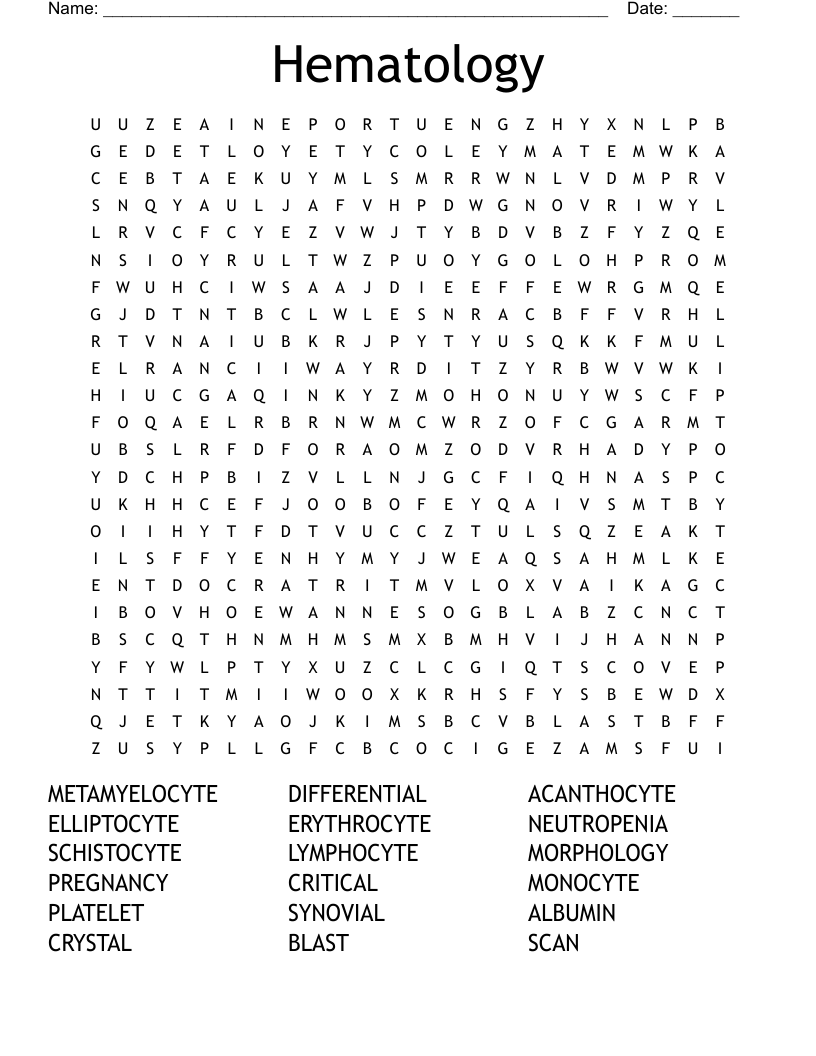 Hematology Word Search - WordMint