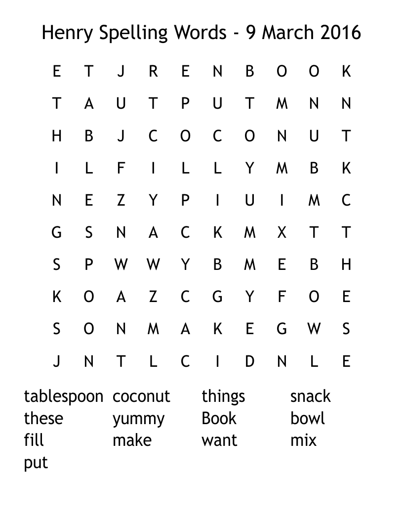 Henry Spelling Words - 9 March 2016 Word Search - WordMint