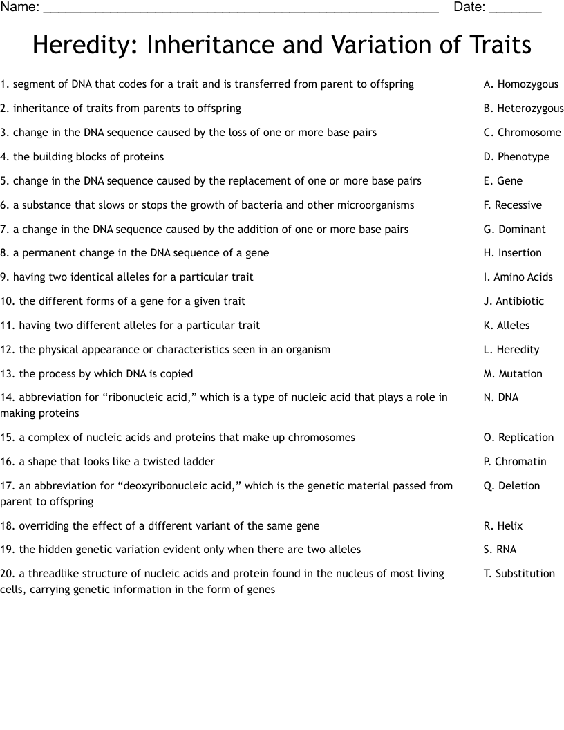 Heredity Inheritance And Variation Of Traits Worksheet WordMint