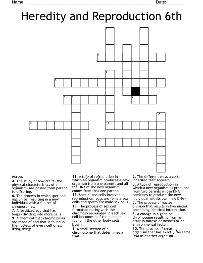 Heredity and Reproduction 6th Crossword - WordMint