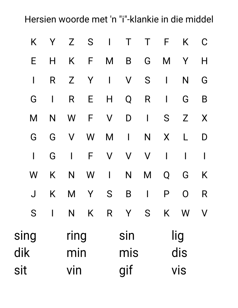 Hersien woorde met 'n "i"-klankie in die middel Word Search - WordMint