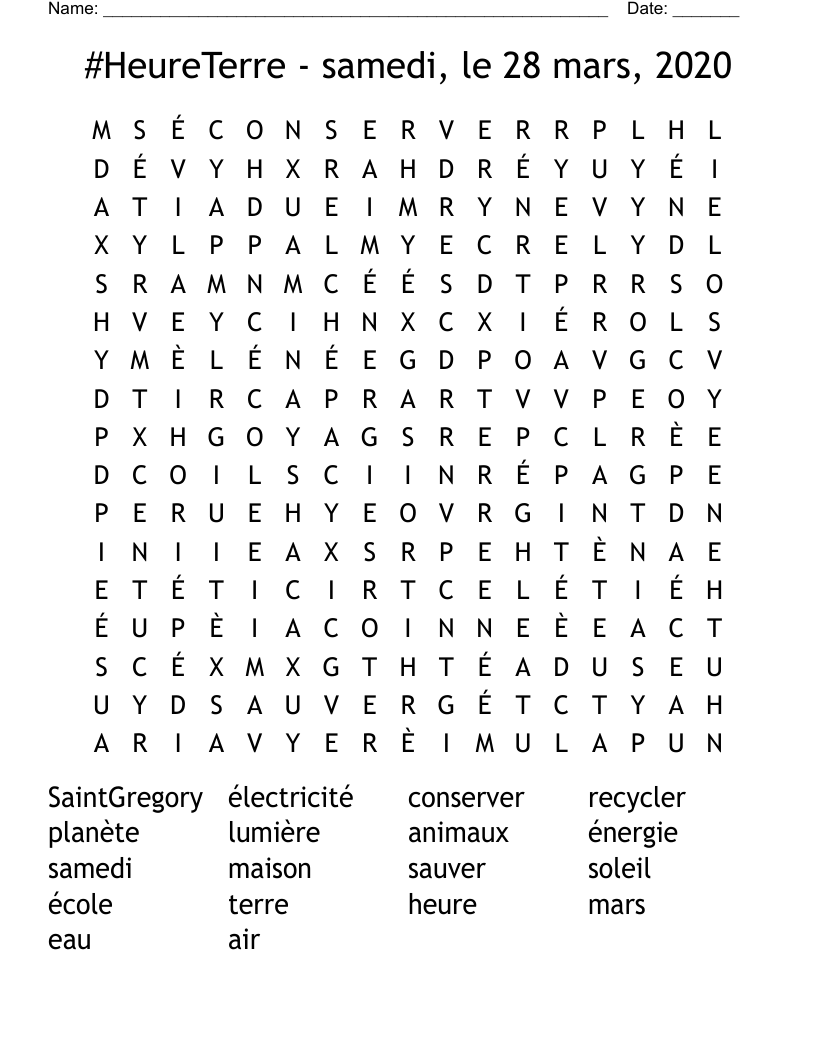 #HeureTerre - samedi, le 28 mars, 2020 Word Search - WordMint