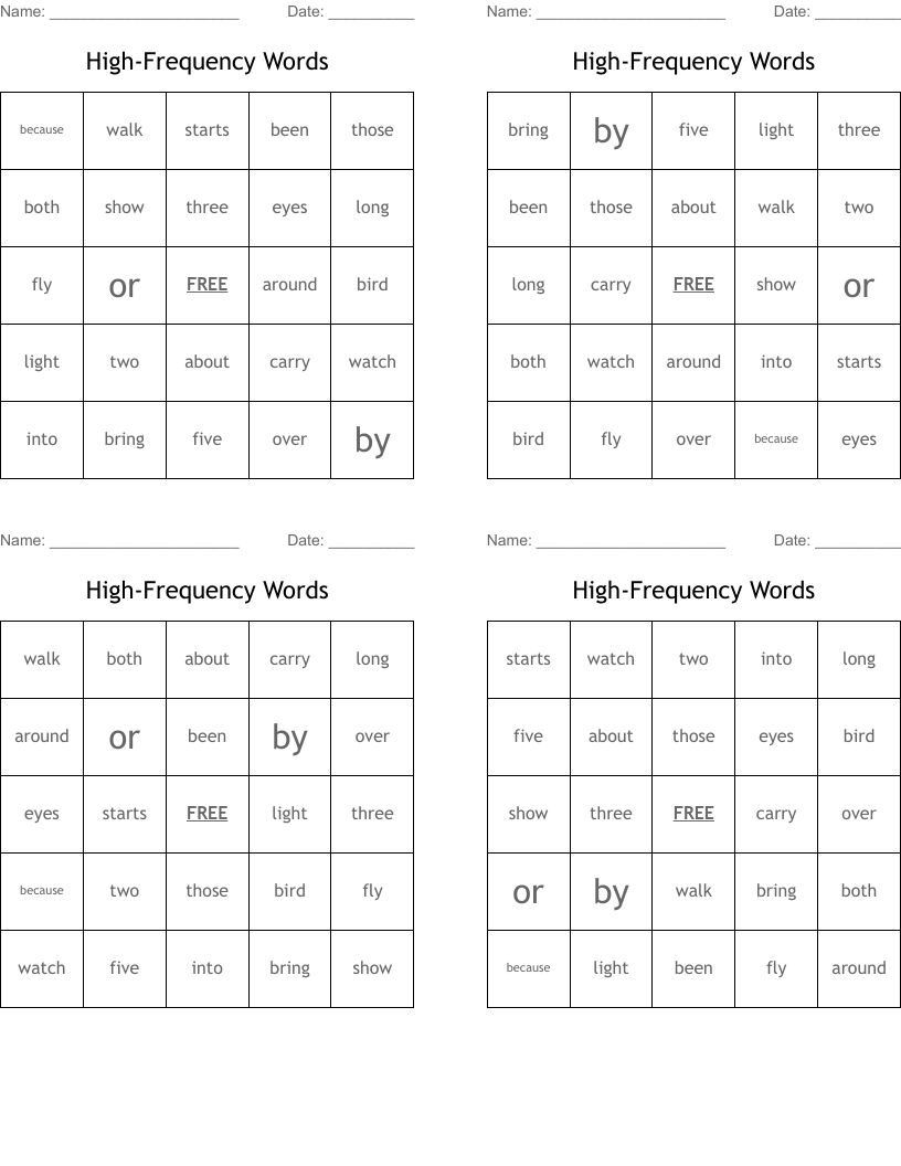 High-Frequency Words Bingo Cards - WordMint