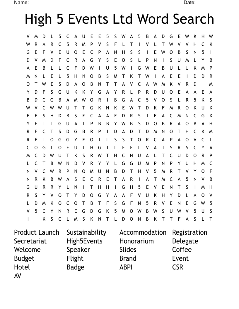 High 5 Events Ltd Word Search - WordMint