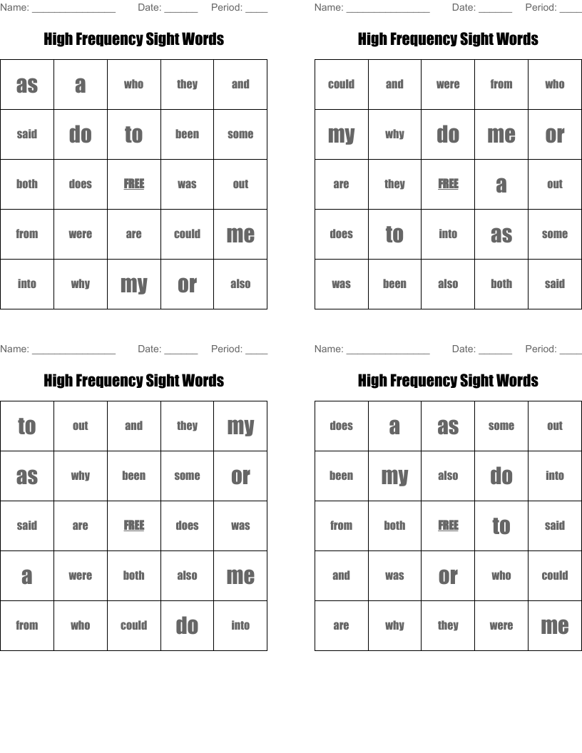 High Frequency Sight Words Bingo Cards - WordMint