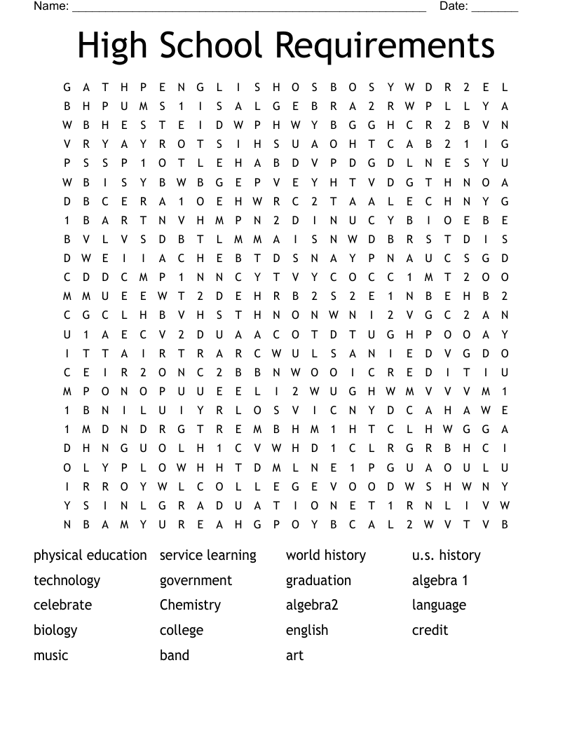High School Requirements Word Search - WordMint