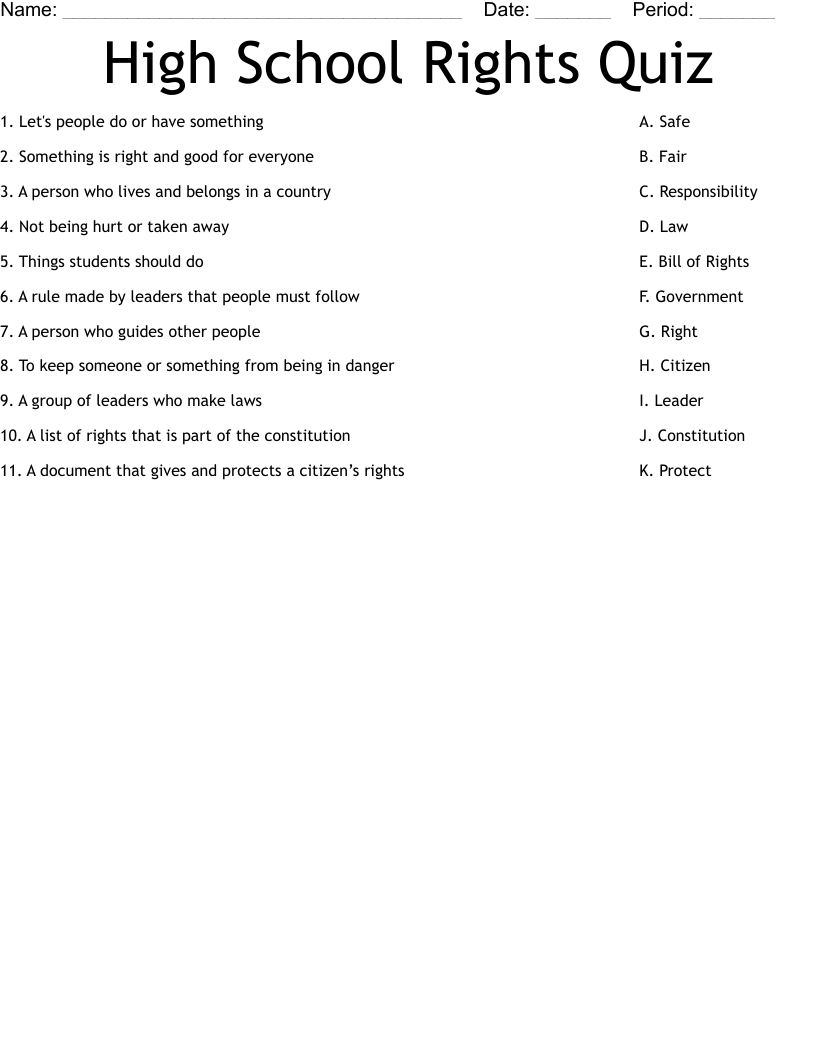 High School Rights Quiz Worksheet - WordMint