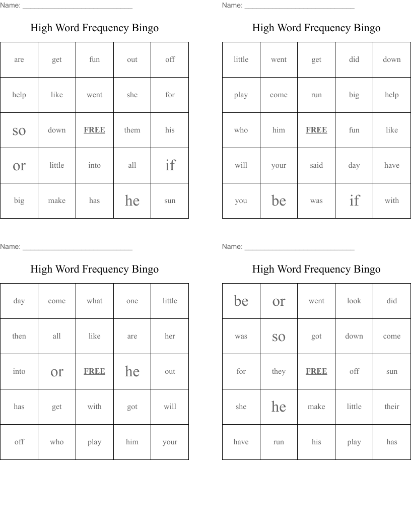 High Word Frequency Bingo - WordMint