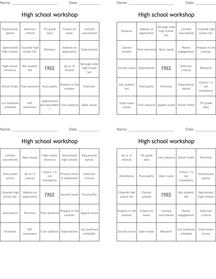 High school workshop Bingo Cards - WordMint