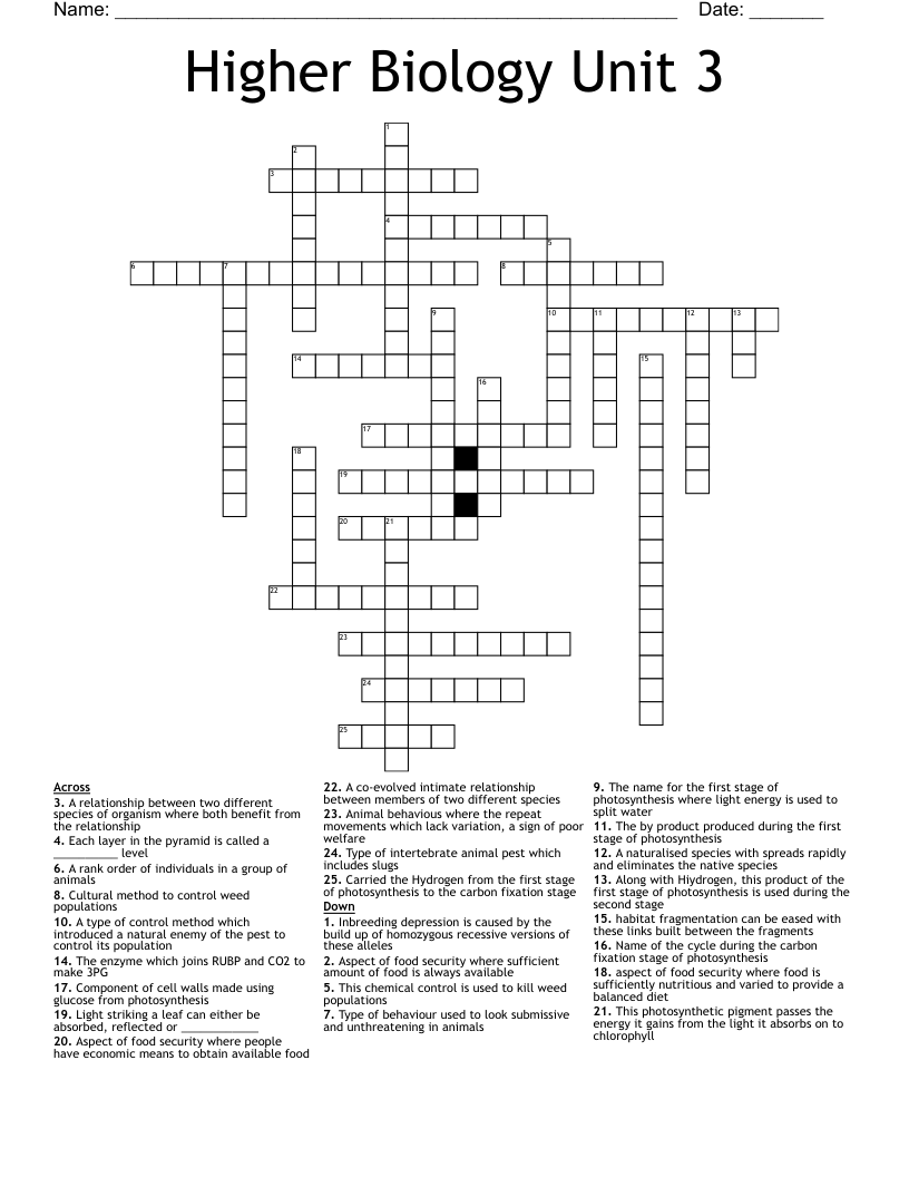 Higher Biology Unit 3 Crossword - WordMint