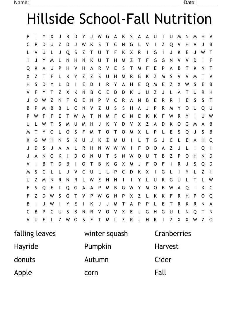 Hillside School-Fall Nutrition Word Search - WordMint