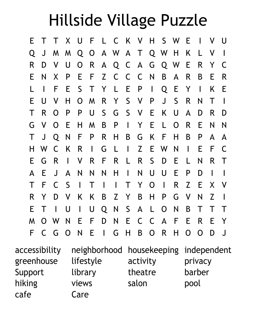 Hillside Village Puzzle Word Search - WordMint