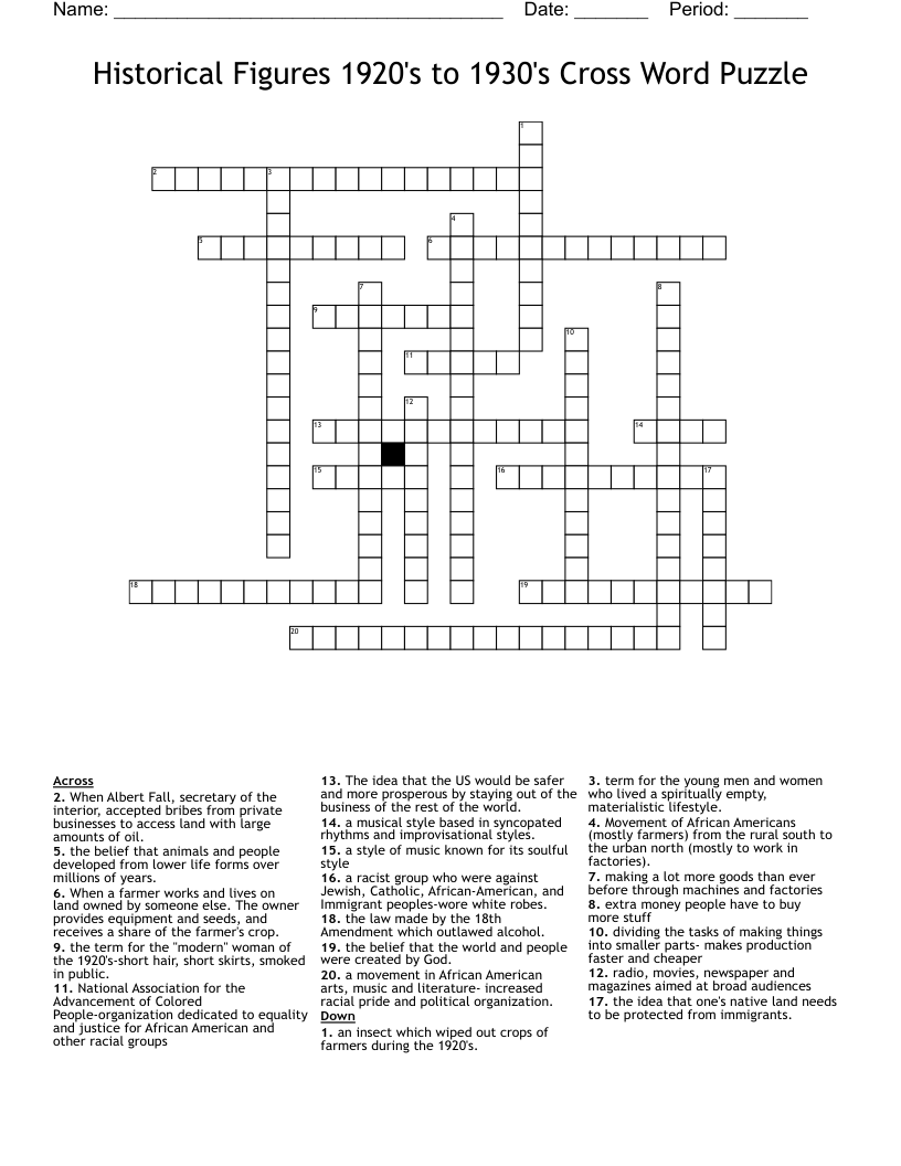 Historical Figures 1920's to 1930's Cross Word Puzzle - WordMint