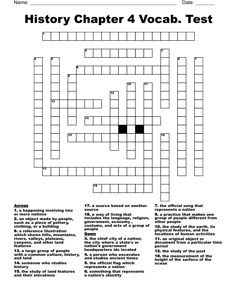 History Chapter 4 Vocab. Test Crossword - WordMint