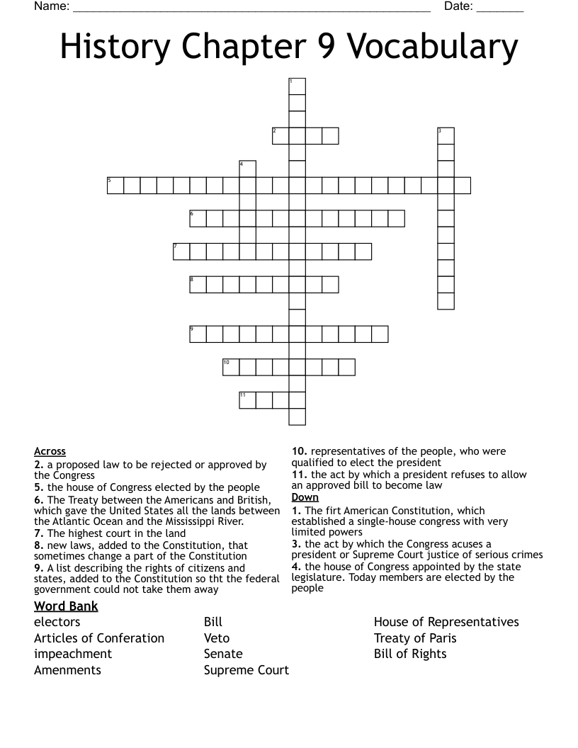 History Chapter 9 Vocabulary Crossword - WordMint