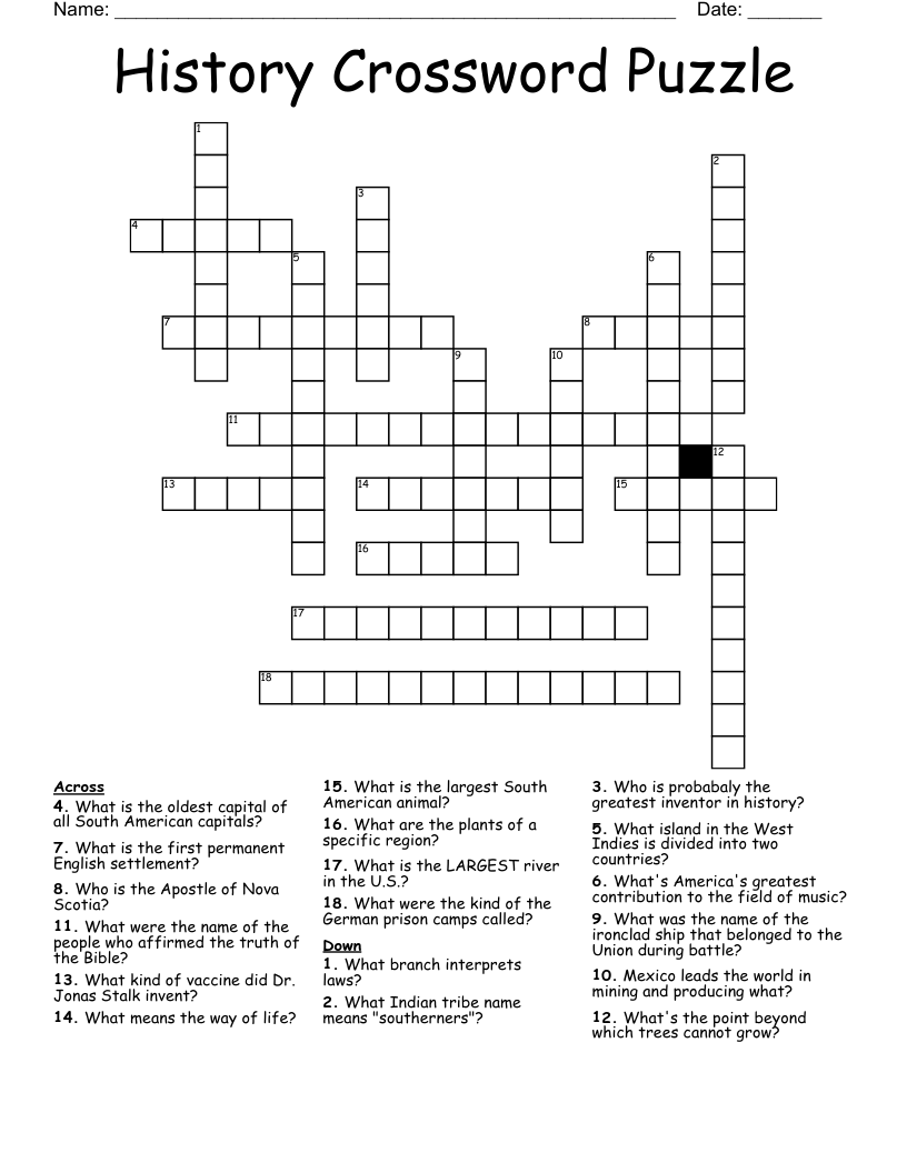 History Crossword Puzzle - WordMint
