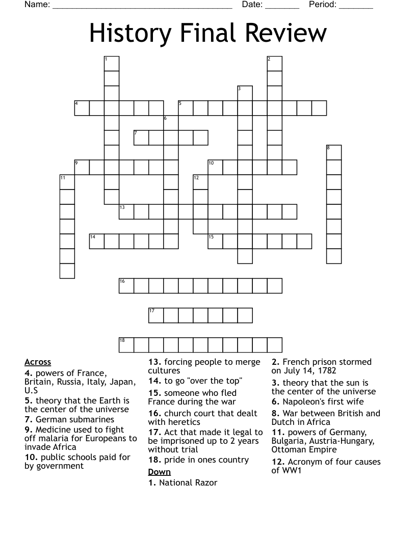 History Final Review Crossword - WordMint