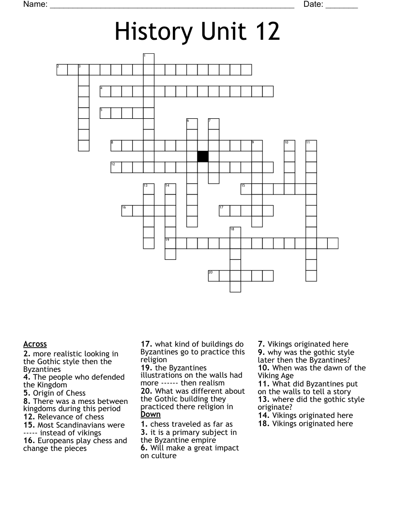 History Unit 12 Crossword - WordMint