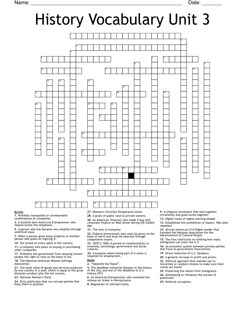 History Vocabulary Unit 3 Crossword - WordMint
