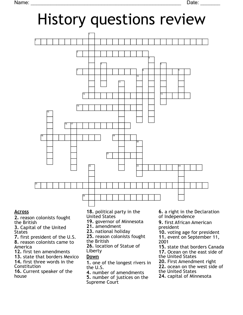 History questions review Crossword - WordMint