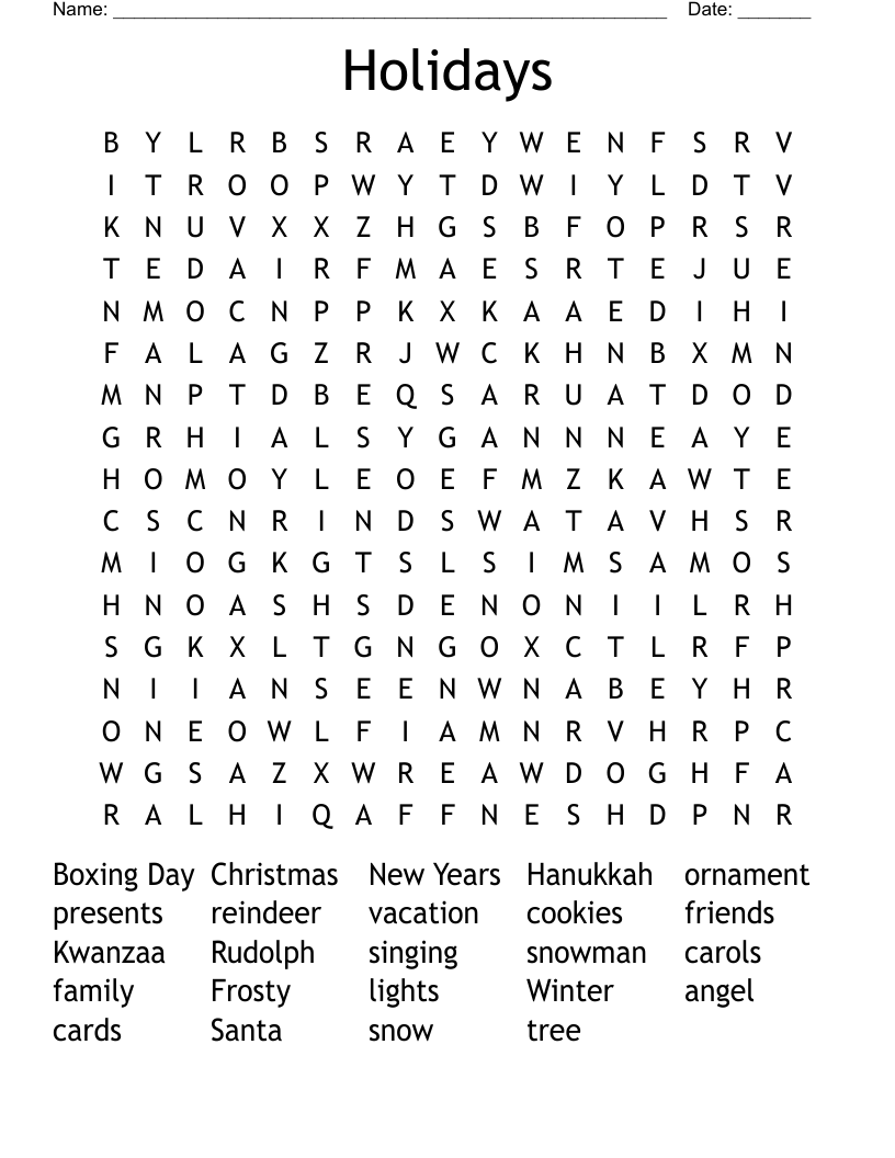 Holidays Word Search - WordMint