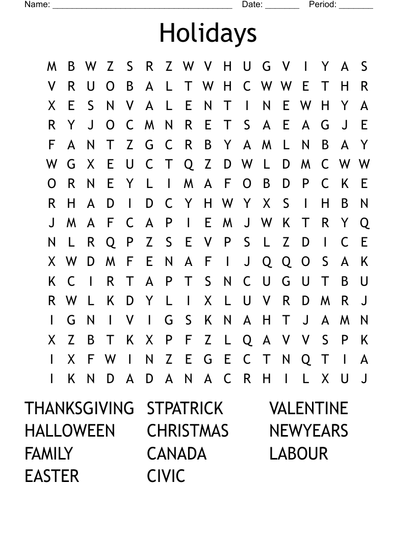 Holidays Word Search - WordMint