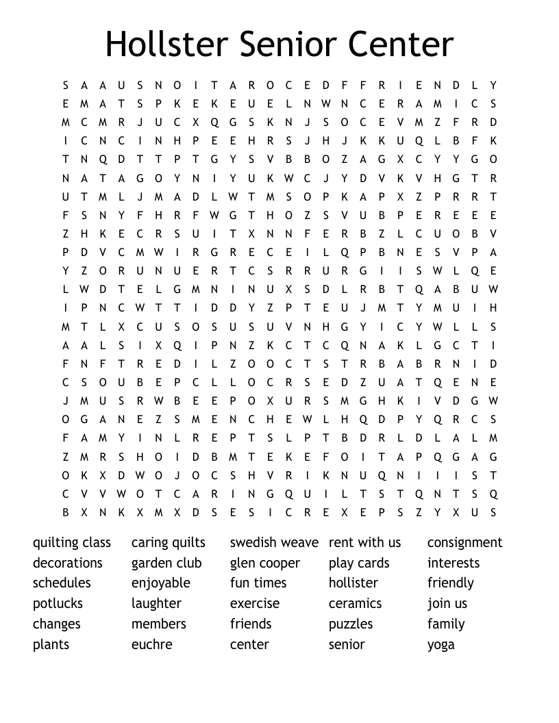 Hollster Senior Center Word Search - WordMint
