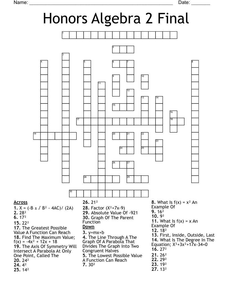 Honors Algebra 2 Final Crossword WordMint