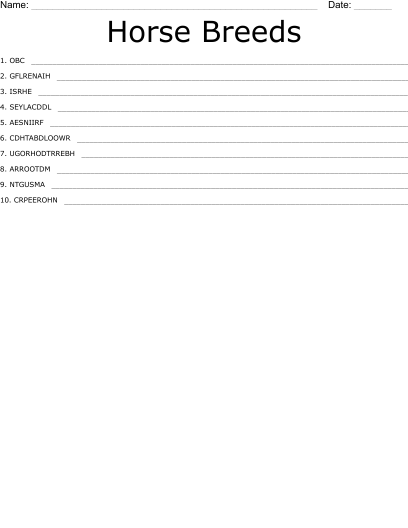 Horse Breeds Word Scramble - WordMint