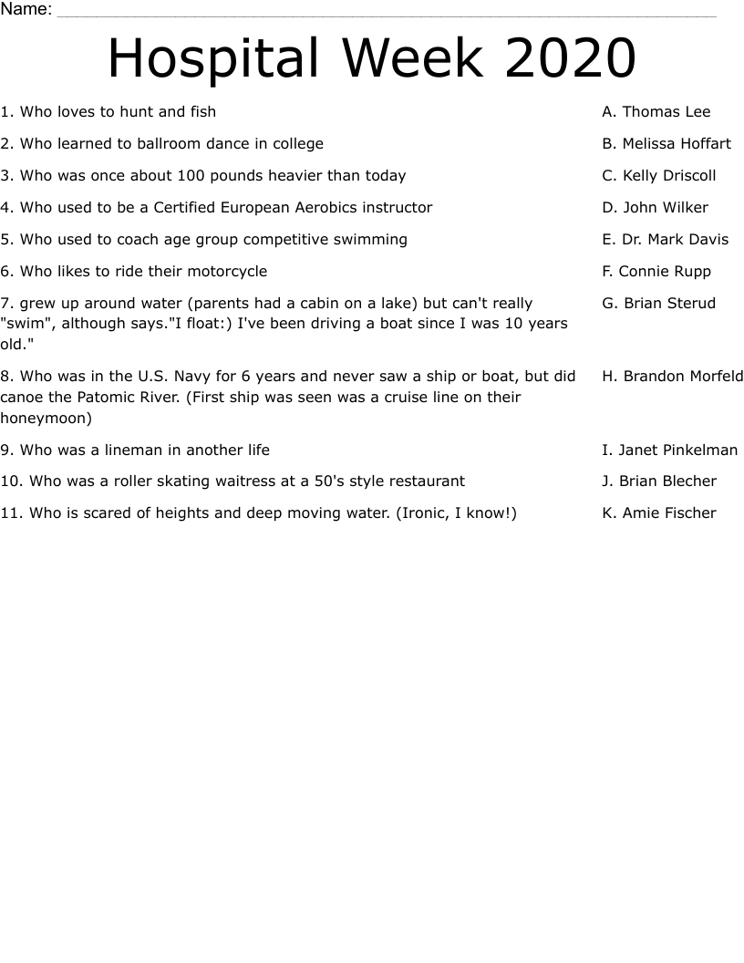 Hospital Week 2020 Worksheet - WordMint