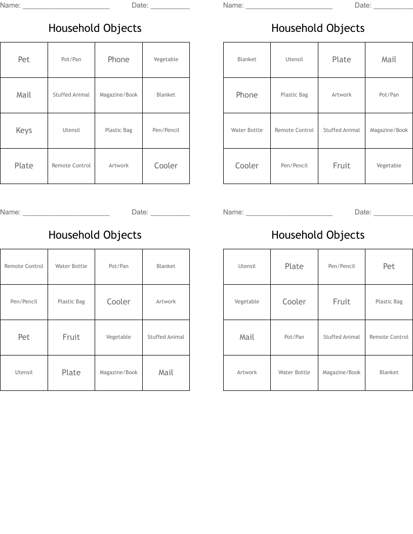 Household Objects Bingo Cards - WordMint