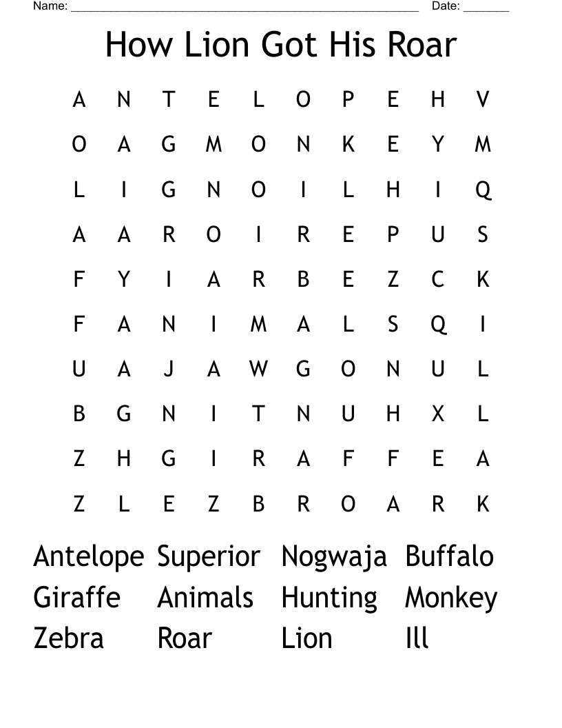 How Lion Got His Roar Word Search - WordMint