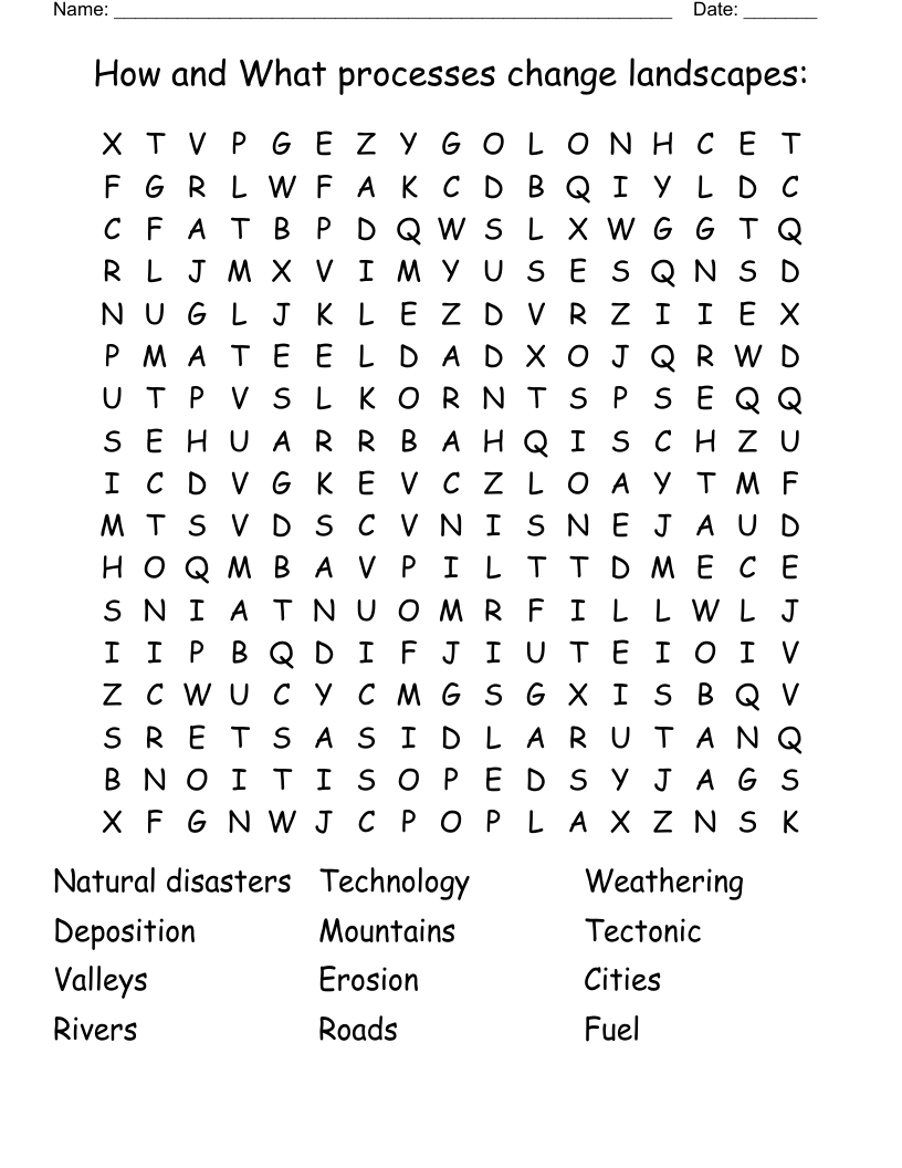 How and What processes change landscapes: Word Search - WordMint