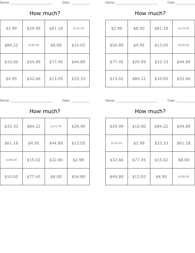 How Much Bingo Cards WordMint