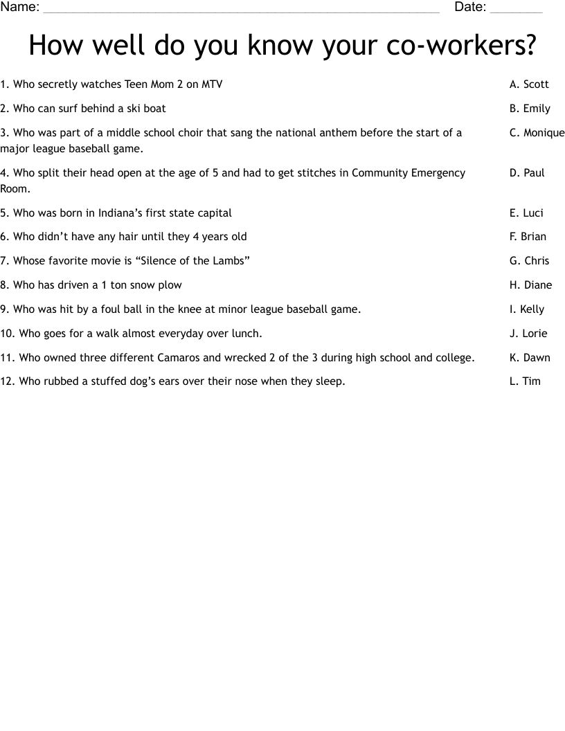 How well do you know your co-workers? Worksheet - WordMint