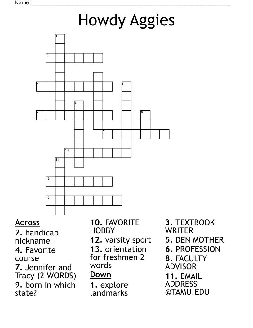 Howdy Aggies Crossword - WordMint