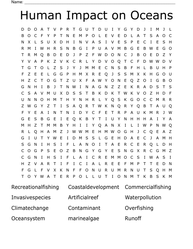Human Impact on Oceans Word Search - WordMint