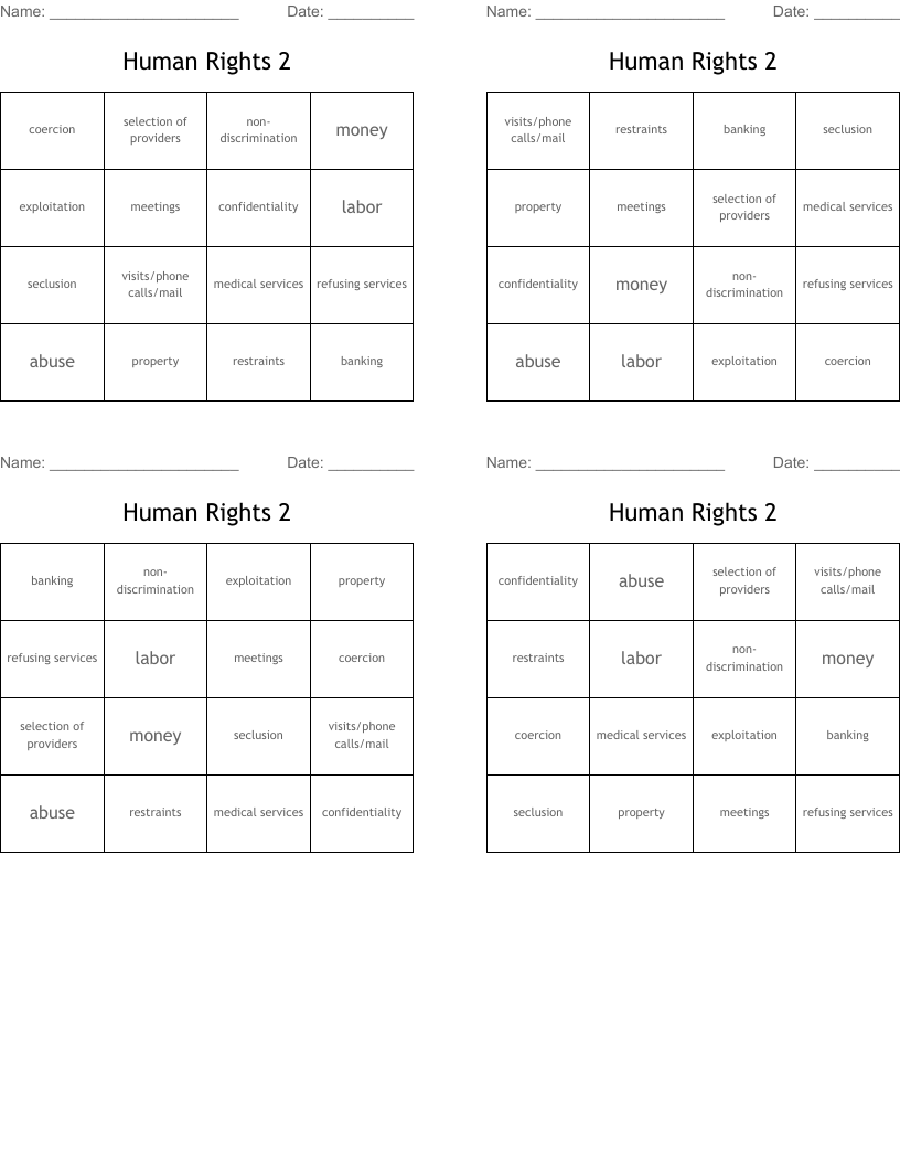 Human Rights 2 Bingo Cards - WordMint