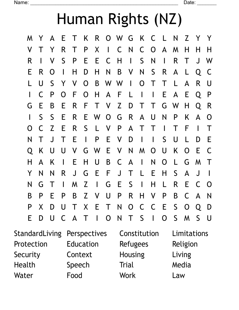 Human Rights (NZ) Word Search - WordMint