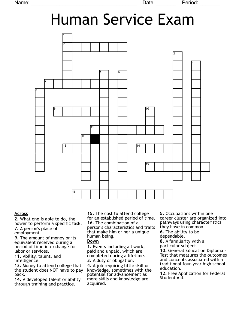 Human Service Exam Crossword - WordMint