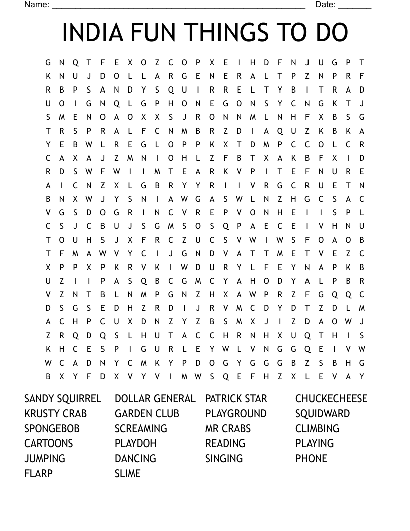 INDIA FUN THINGS TO DO Word Search WordMint